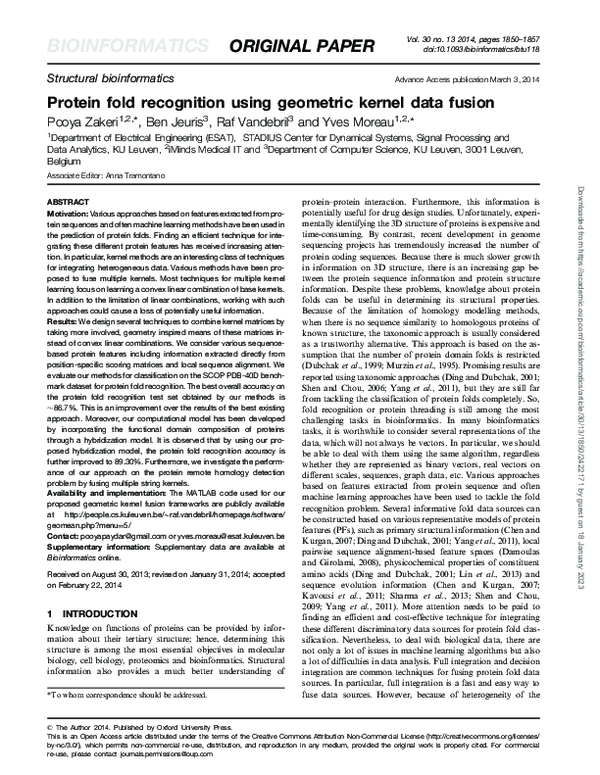 (PDF) Protein fold recognition using geometric kernel data fusion