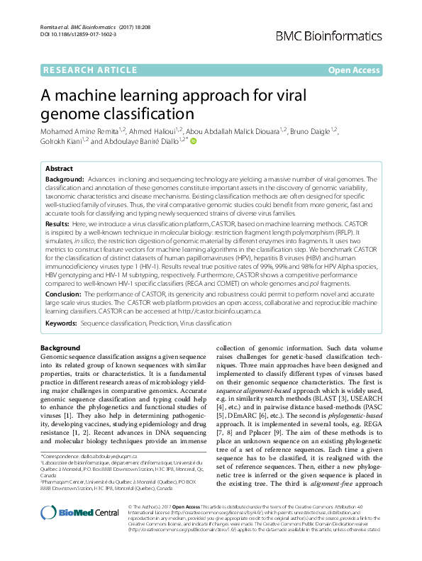(PDF) A machine learning approach for viral genome classification