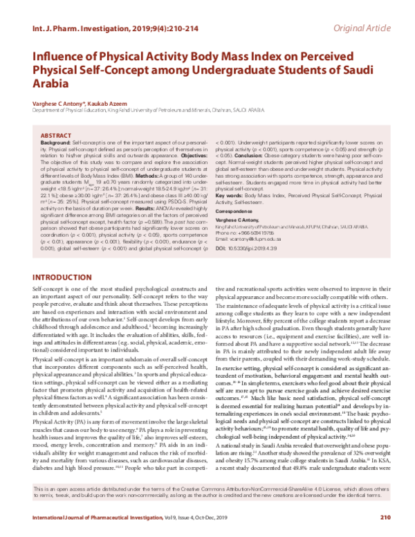 (PDF) Influence of Physical Activity Body Mass Index on Perceived Physical Self-Concept among ...