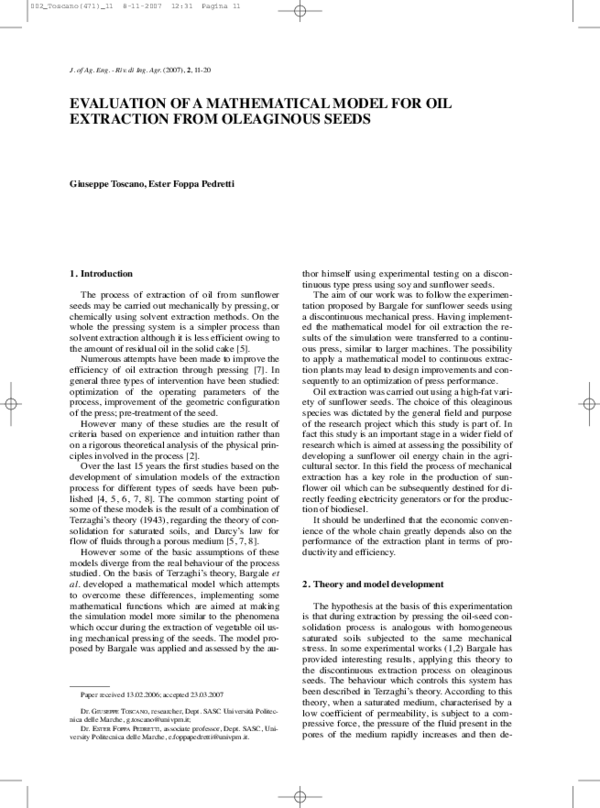 Pdf Evaluation Ofamathematical Model For Oil Extraction From Oleaginous Seeds