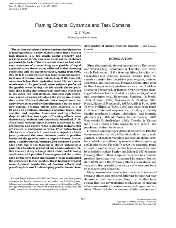 (PDF) Framing Effects: Dynamics and Task Domains | XT Wang - Academia.edu