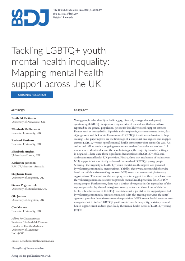 (PDF) Tackling LGBTQ+ youth mental health inequality: Mapping mental ...