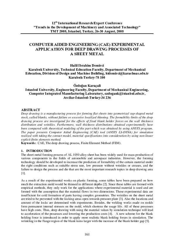 (PDF) Computer Aided Engineering (Cae) Experimental Application for Deep Drawing Processes of a ...