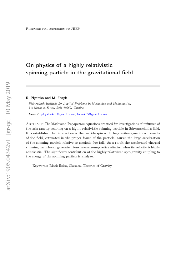 (PDF) On physics of a highly relativistic spinning particle in the ...