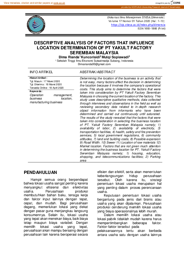 (PDF) Descriptive Analysis of Factors That Influence Location Determination of PT Yakult Factory ...