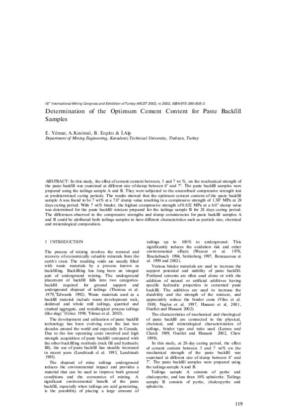 (PDF) Determination of the optimum cement content for the paste backfill samples