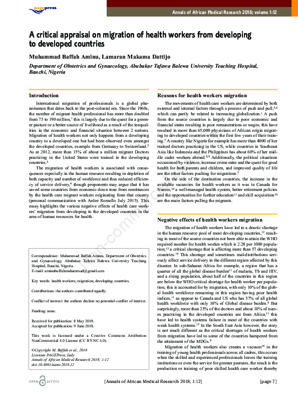 (PDF) A critical appraisal on migration of health workers from ...