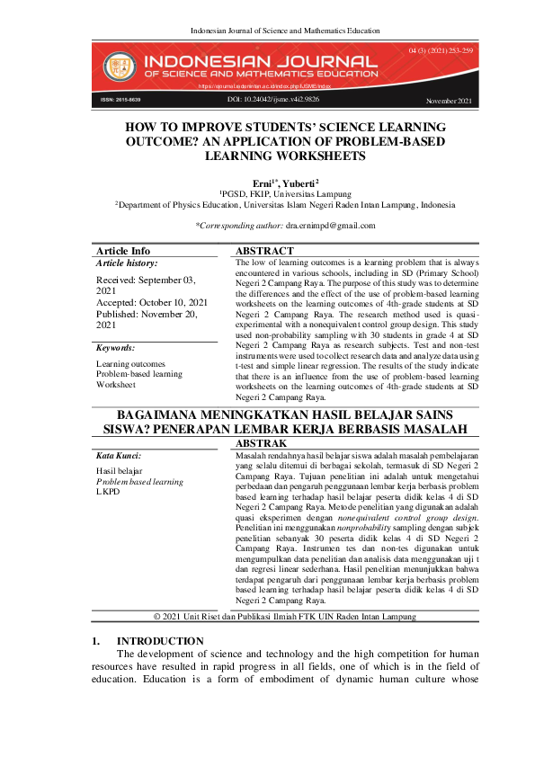 (PDF) How to Improve Students’ Science Learning Outcome? An Application of Problem-based ...