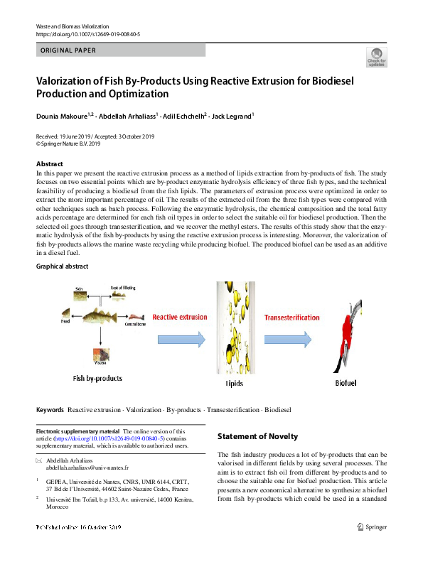 (PDF) Valorization of Fish By-Products Using Reactive Extrusion for Biodiesel Production and ...