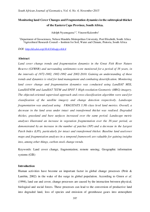 (PDF) Monitoring land Cover Changes and Fragmentation dynamics in the subtropical thicket of the ...