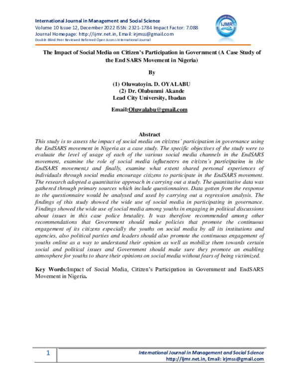 (PDF) The Impact of Social Media on Citizen's Participation in ...