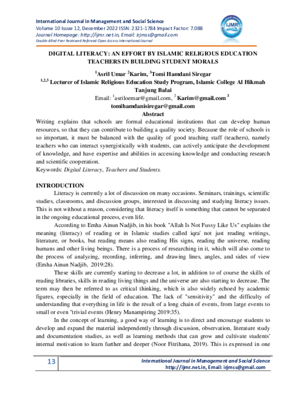 (PDF) DIGITAL LITERACY: AN EFFORT BY ISLAMIC RELIGIOUS EDUCATION TEACHERS IN BUILDING STUDENT MORALS