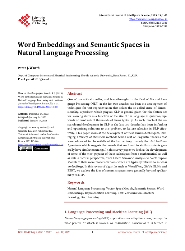 (PDF) Word Embeddings and Semantic Spaces in Natural Language Processing