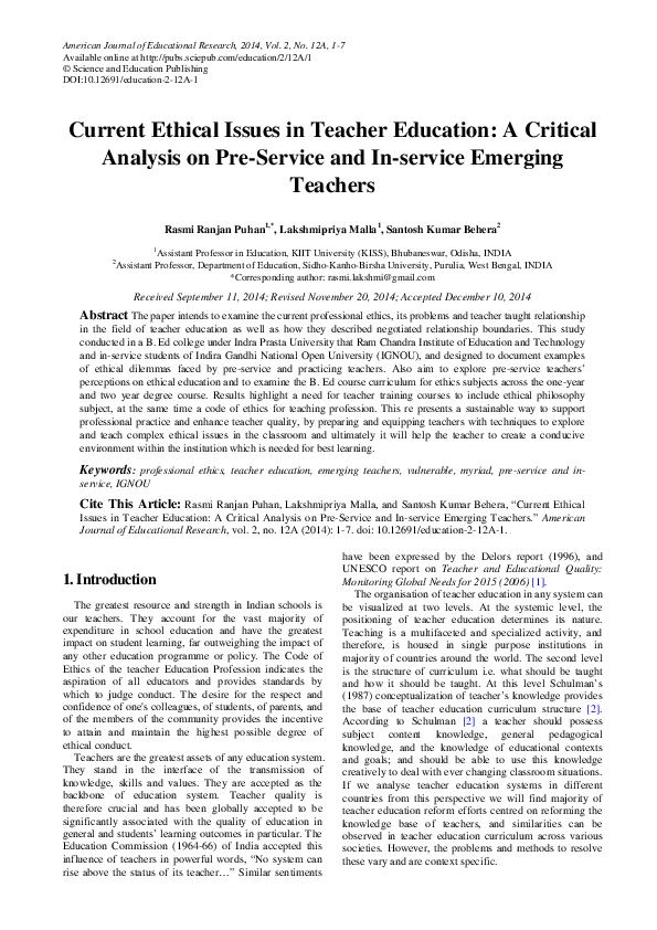 (PDF) Current Ethical Issues in Teacher Education: A Critical Analysis ...