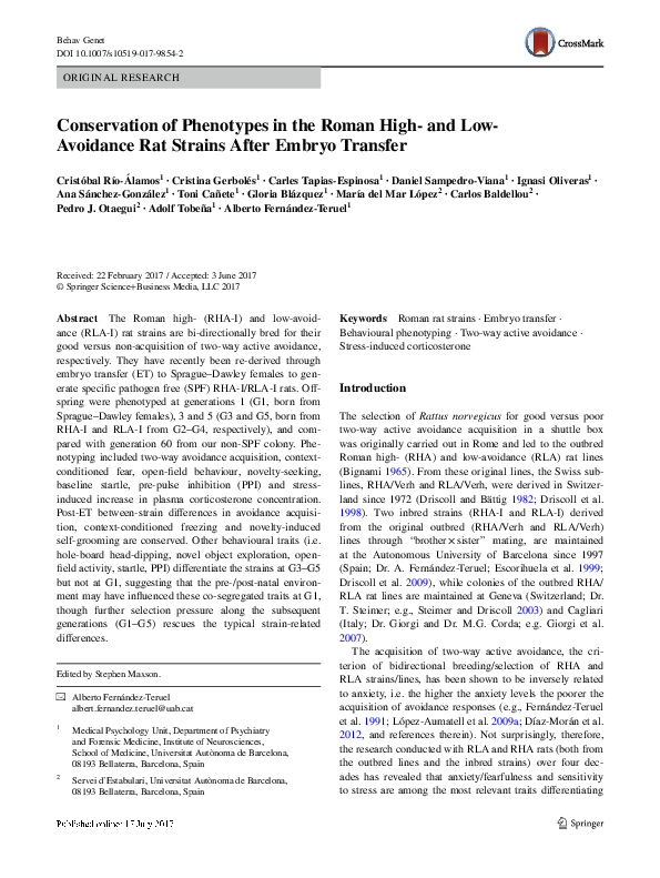 (PDF) Conservation of Phenotypes in the Roman High- and Low-Avoidance ...