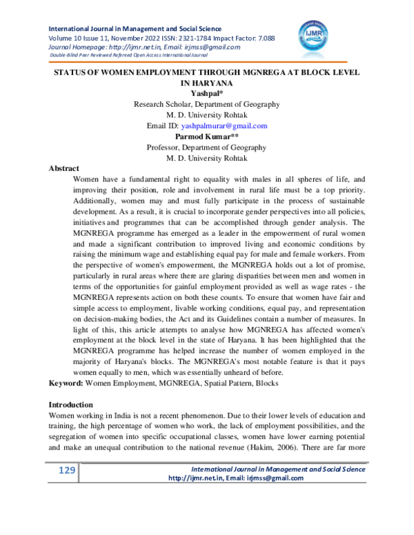 (PDF) STATUS OF WOMEN EMPLOYMENT THROUGH MGNREGA AT BLOCK LEVEL IN HARYANA