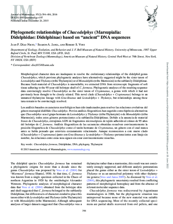 (PDF) Phylogenetic relationships of Chacodelphys (Marsupialia ...