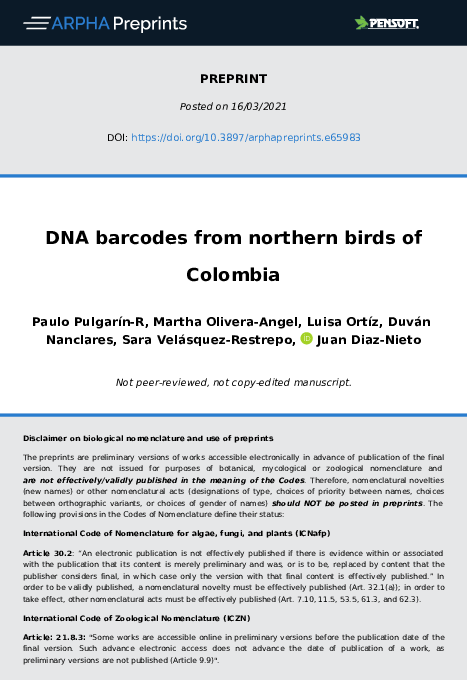 (PDF) DNA barcodes from northern birds of Colombia | Juan Fernando Diaz ...