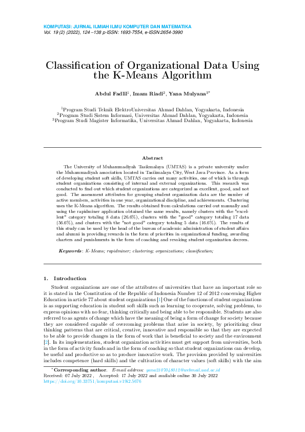 Pdf Classification Of Organizational Data Using The K Means Algorithm