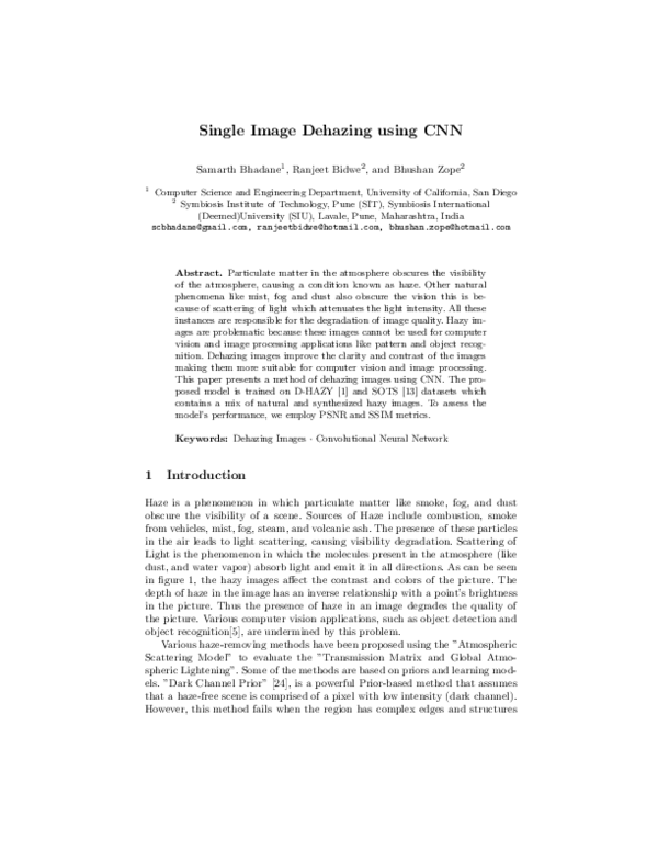 (PDF) Single Image Dehazing using CNN