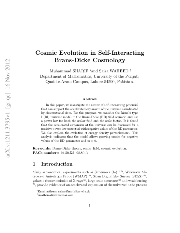 (PDF) Cosmic Evolution in Self-Interacting Brans–Dicke Cosmology