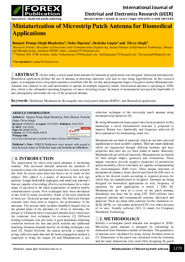 Pdf Miniaturization Of Microstrip Patch Antenna For Biomedical
