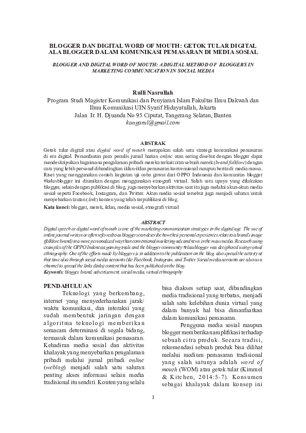 (PDF) Blogger Dan Digital Word of Mouth: Getok Tular Digital Ala ...