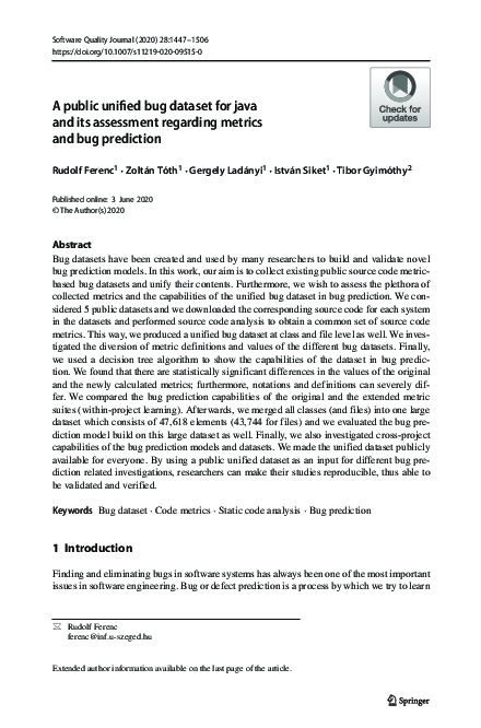 Pdf A Public Unified Bug Dataset For Java And Its Assessment Regarding Metrics And Bug Prediction