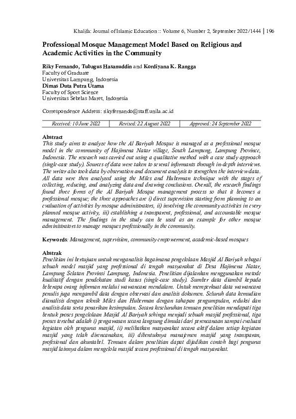 (PDF) Professional Mosque Management Model Based on Religious and ...