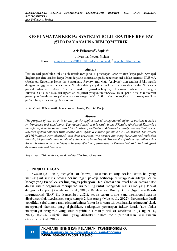 (PDF) Keselamatan Kerja : Systematic Literature Review (SLR) Dan Analisa Bibliometrik