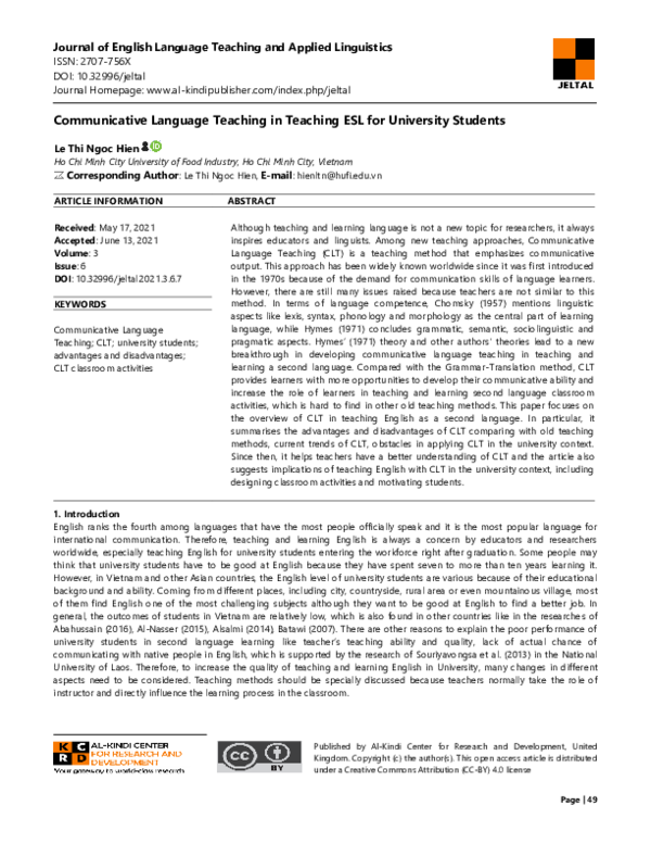 (PDF) Communicative Language Teaching in Teaching ESL for University Students