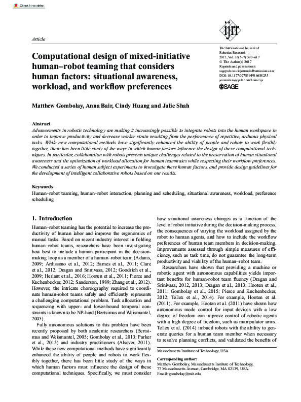 Pdf Computational Design Of Mixed Initiative Humanrobot Teaming That
