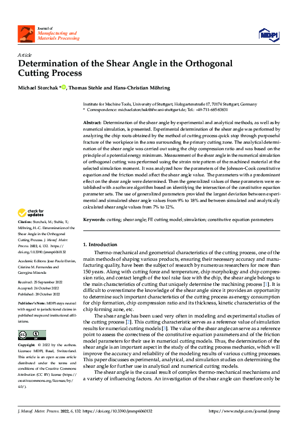 (PDF) Determination of the Shear Angle in the Orthogonal Cutting Process