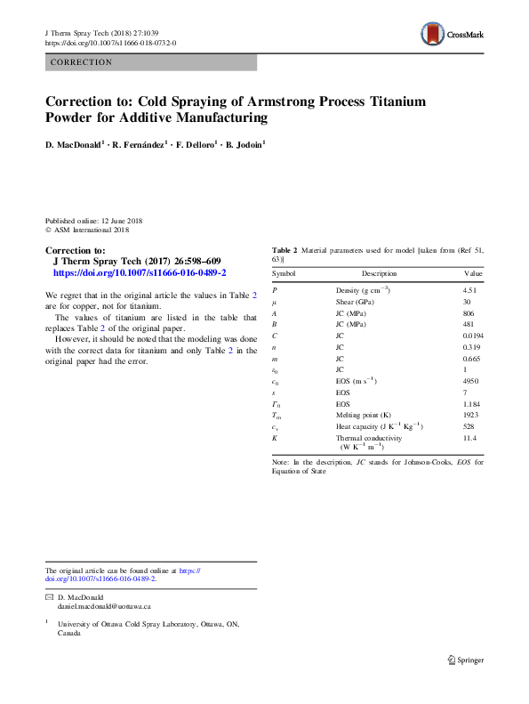 (PDF) Correction to: Cold Spraying of Armstrong Process Titanium Powder ...