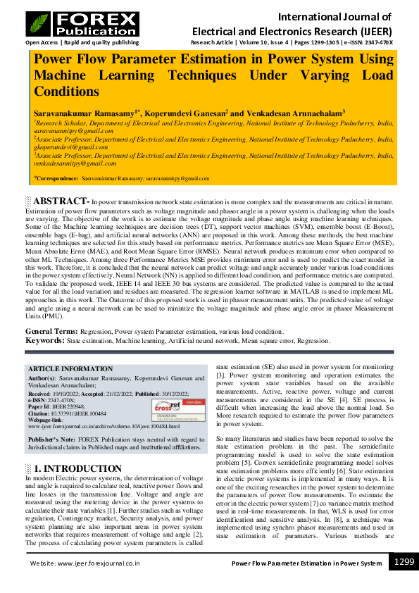 Pdf Power Flow Parameter Estimation In Power System Using Machine Learning Techniques Under 2895