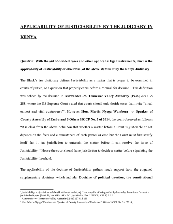 (DOC) APPLICABILITY OF JUSTICIABILITY BY THE JUDICIARY IN KENYA