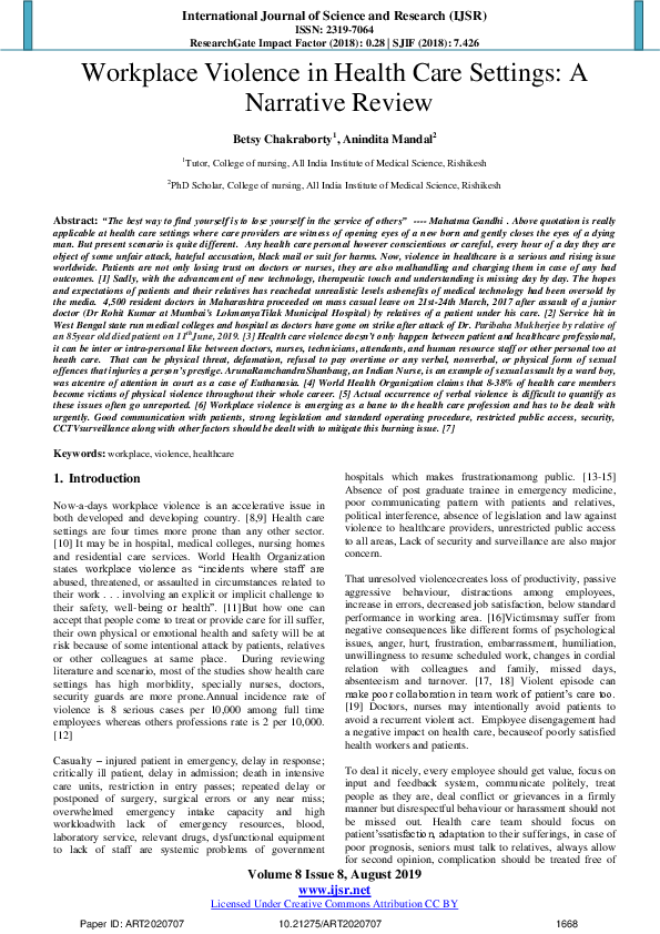 (PDF) Workplace Violence in Health Care Settings: A Narrative Review