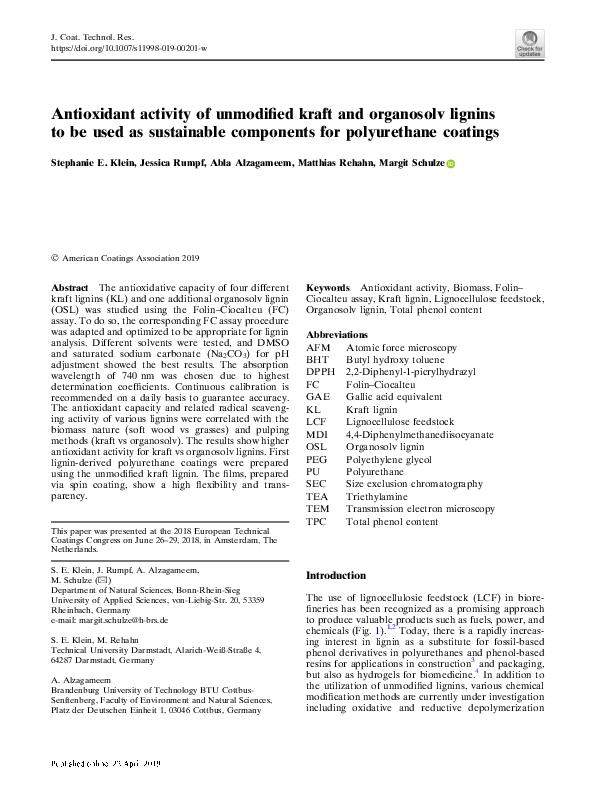 (PDF) Antioxidant activity of unmodified kraft and organosolv lignins ...