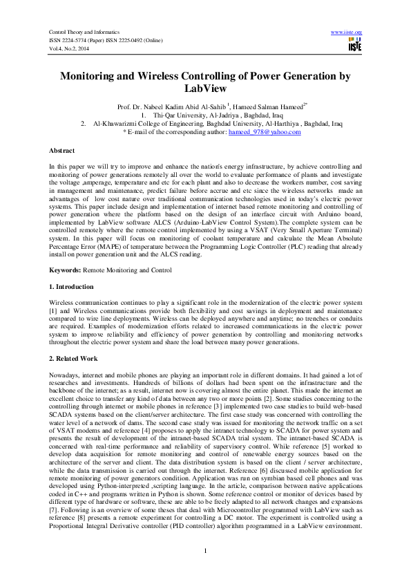 (PDF) Monitoring and Wireless Controlling of Power Generation by LabView
