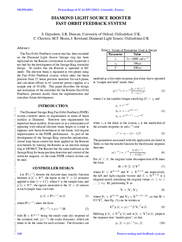 (PDF) Diamond Light Source Booster Fast Orbit Feedback System | Sandira Gayadeen - Academia.edu