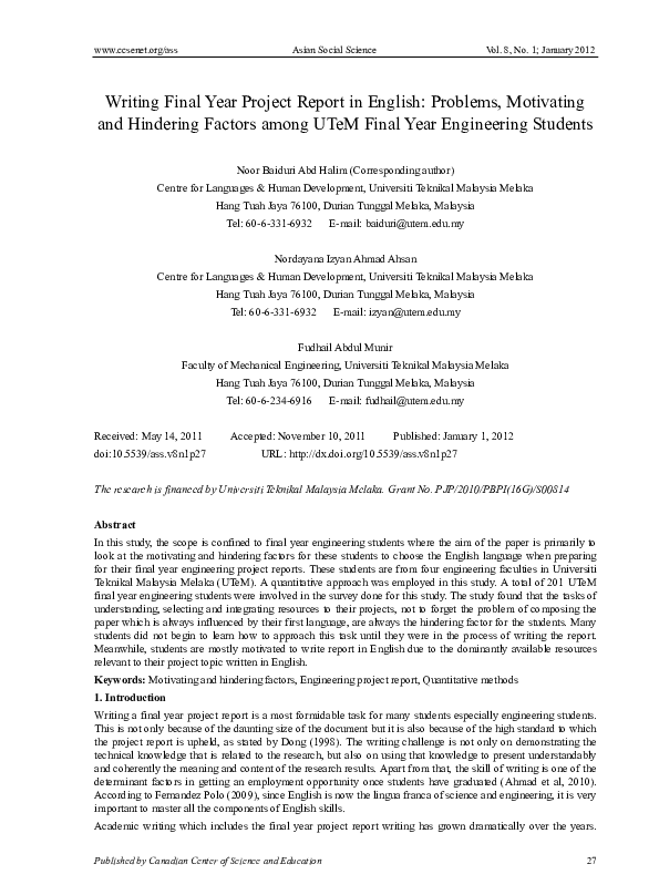 (PDF) Writing Final Year Project Report in English: Problems ...
