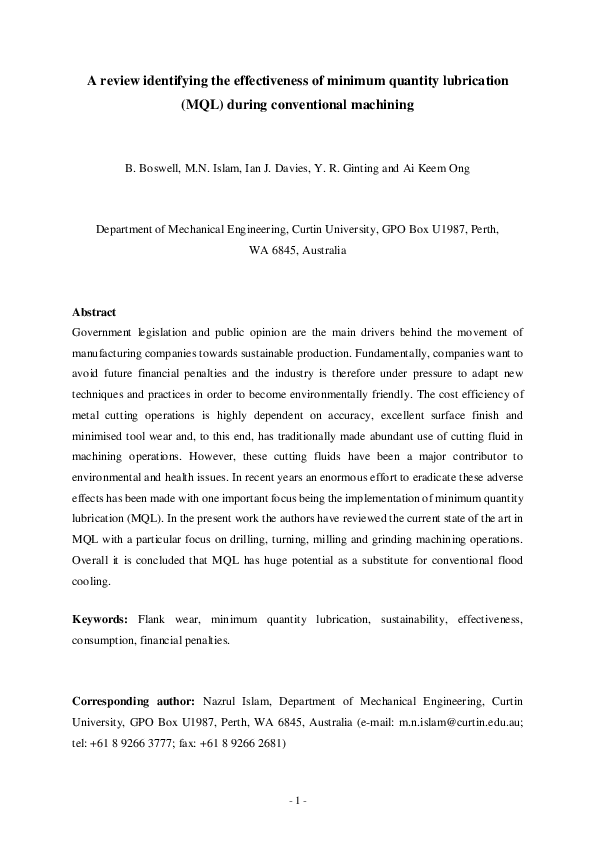 Pdf A Review Identifying The Effectiveness Of Minimum Quantity Lubrication Mql During