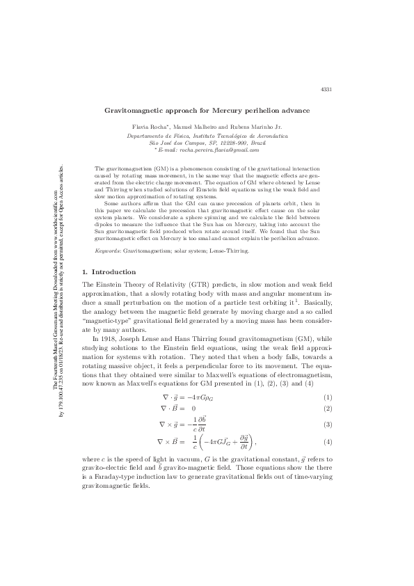 (PDF) Gravitomagnetic approach for Mercury perihelion advance | Rubens ...