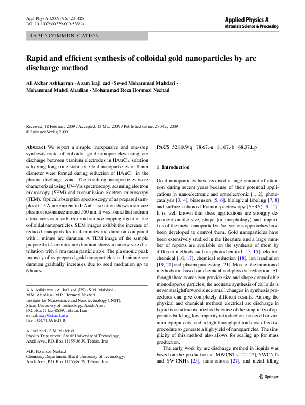 (PDF) Rapid and efficient synthesis of colloidal gold nanoparticles by arc discharge method