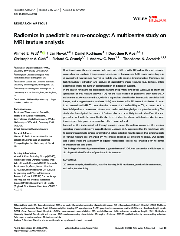 (PDF) Radiomics in paediatric neuro-oncology: A multicentre study on ...