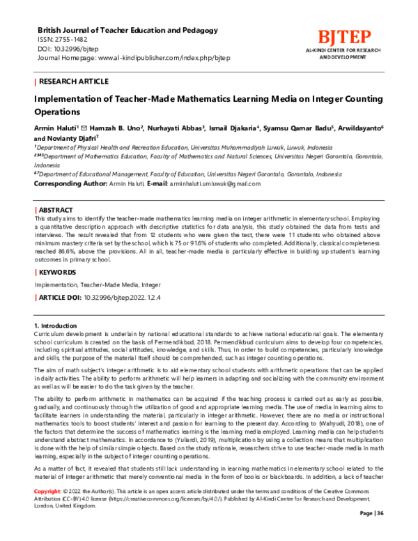 Pdf Implementation Of Teacher Made Mathematics Learning Media On Integer Counting Operations