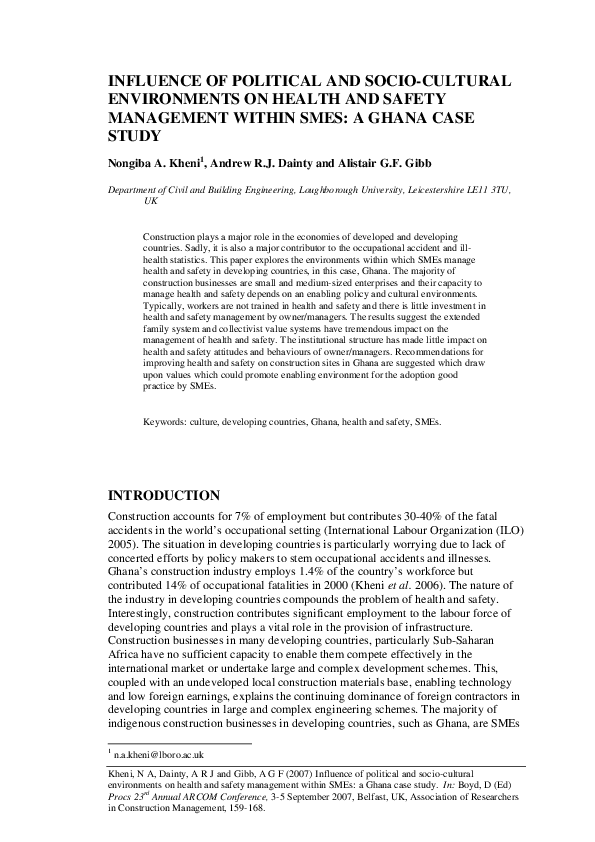 (PDF) Influence of political and sociocultural environments on health and safety management ...