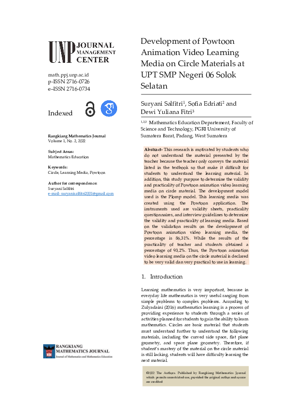 (PDF) Development of Powtoon Animation Video Learning Media on Circle Materials at UPT Senior ...