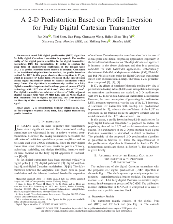 Pdf A 2 D Predistortion Based On Profile Inversion For Fully Digital Cartesian Transmitter