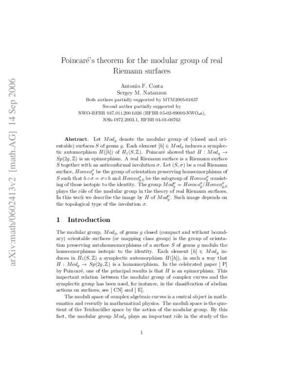 (PDF) Poincaré's theorem for the modular group of real Riemann surfaces | Antonio Costa González ...